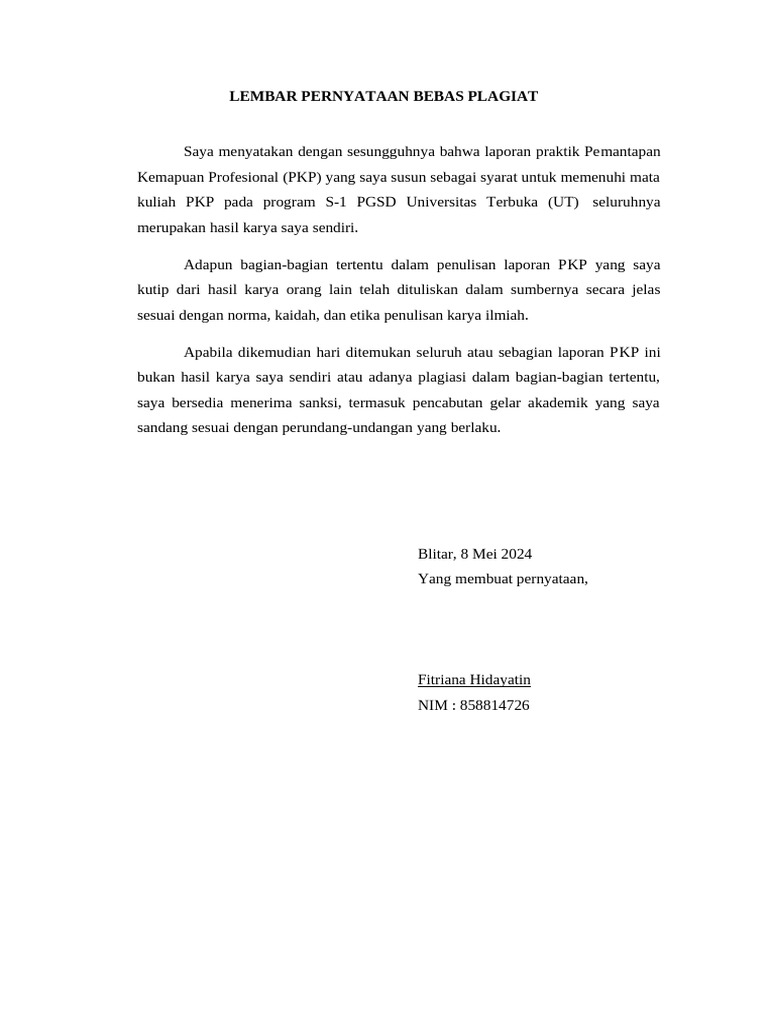 LEMBAR PERNYATAAN BEBAS PLAGIAT | PDF