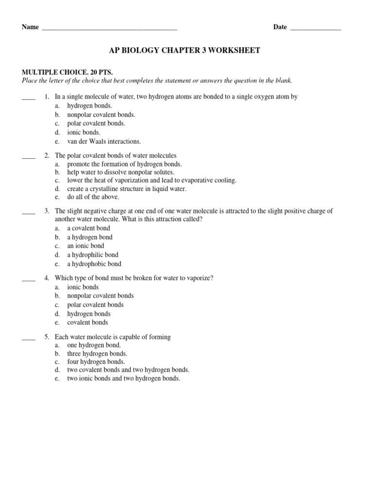 AP Biology Chapter 3 Worksheet 2015 | PDF | Chemical Bond | Properties ...