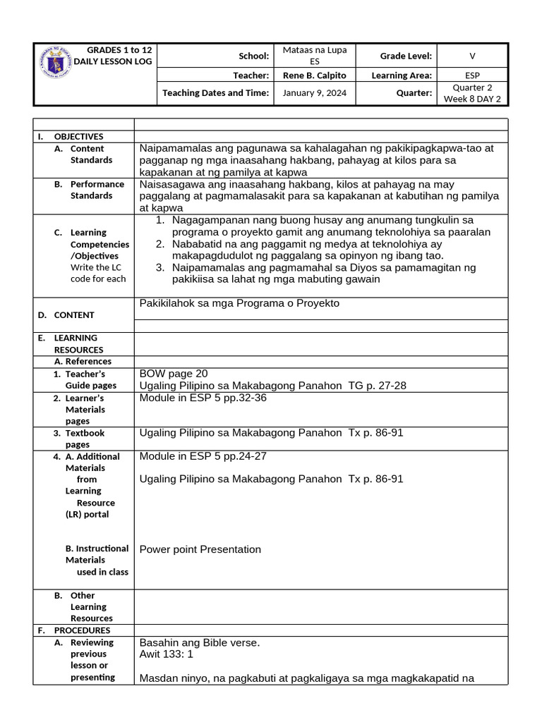 Q2 - DLL - Esp Week 8 Day 2 Cot | PDF