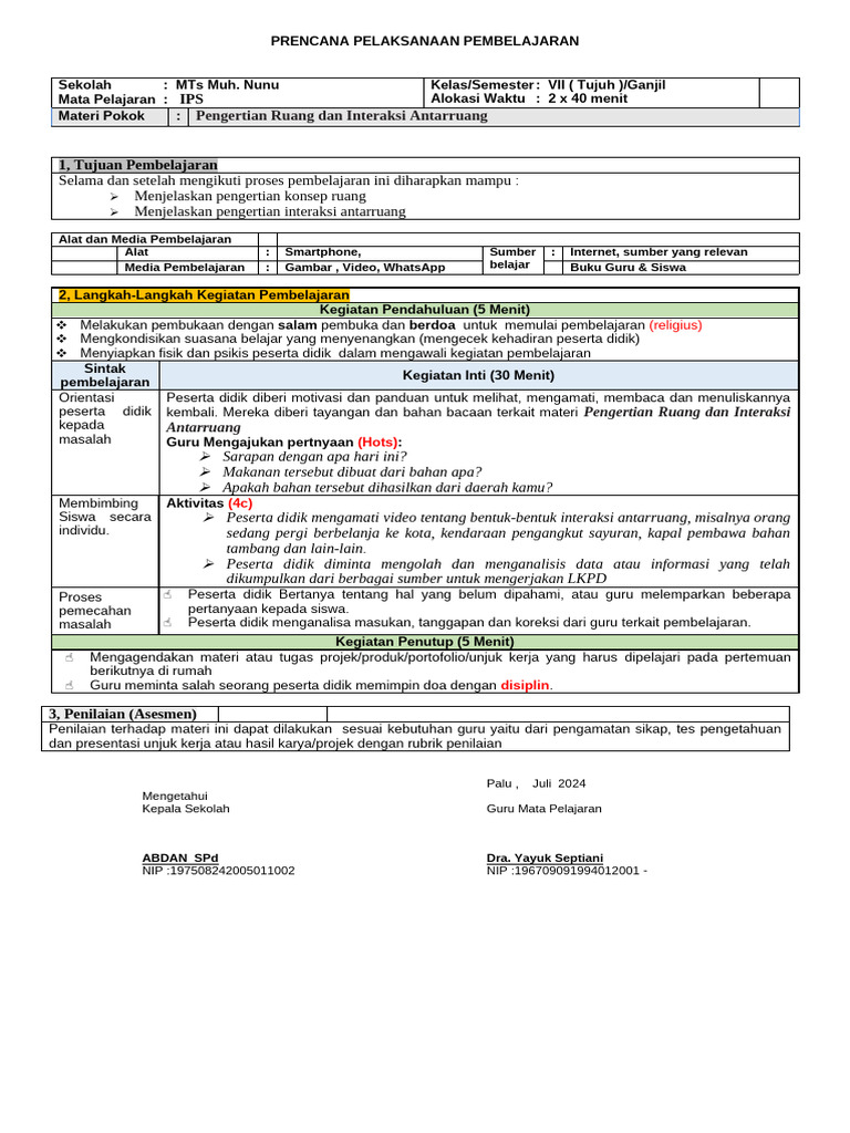 RPP IPS 1 Lembar Kelas 7 Semester 1 | PDF