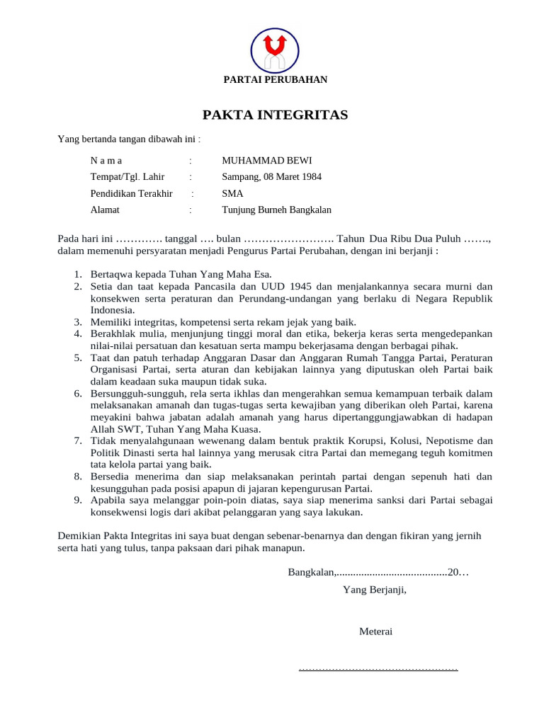 PAKTA INTEGRITAS CALON PENGURUS DPD PARTAI PERUBAHAN 2024 | PDF