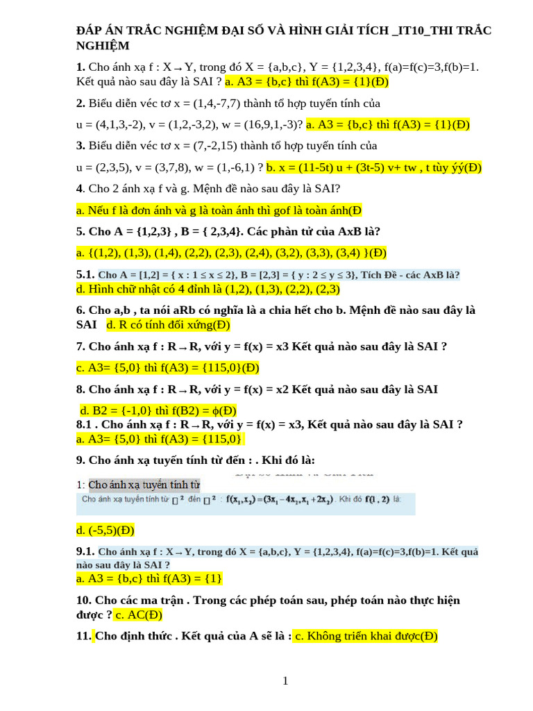 [123doc] Dap an Trac Nghiem Dai So Va Hinh Giai Tich It10 Thi Trac Nghiem | PDF