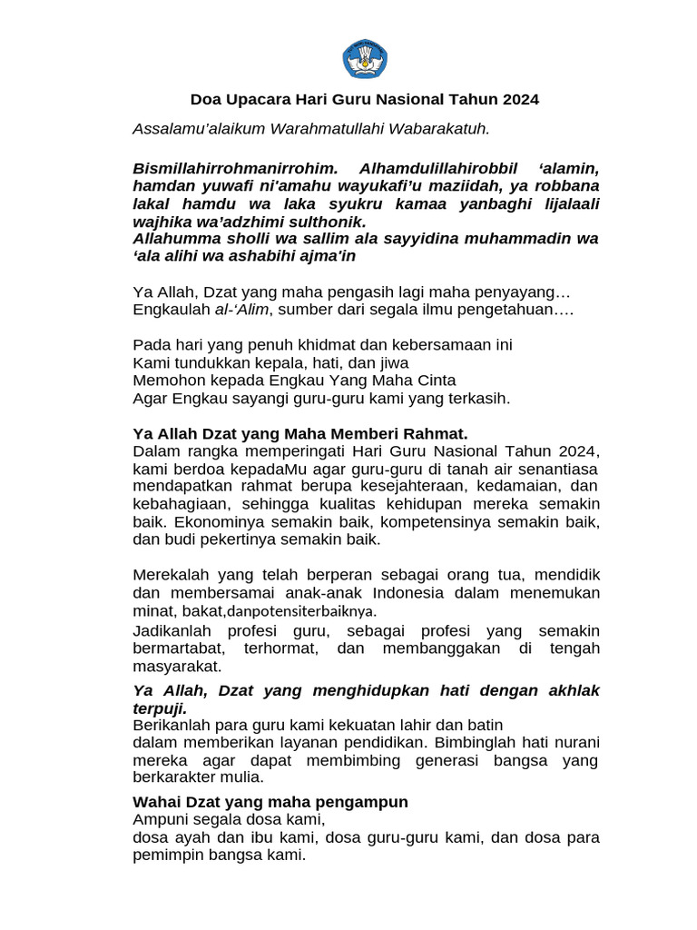 Doa Upacara Hari Guru Nasional 2024 | PDF