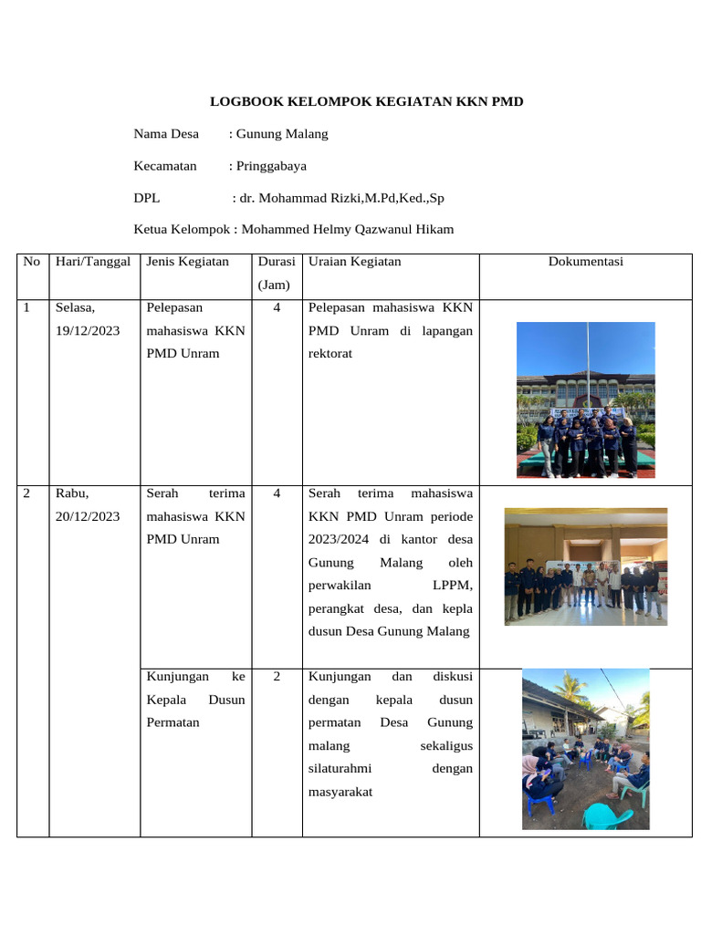 Logbook Kelompok Kegiatan KKN Pmd-1 | PDF