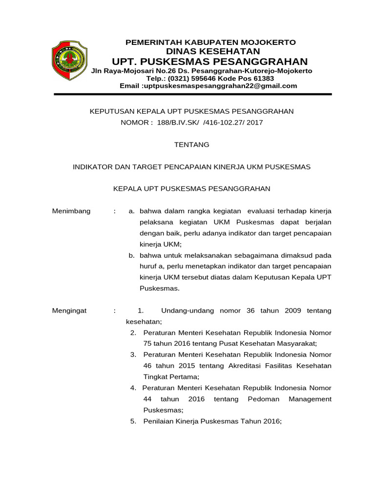 011 SK Penetapan Indikator Dan Target Pencapaian Kinerja Ukm Puskesmas | PDF