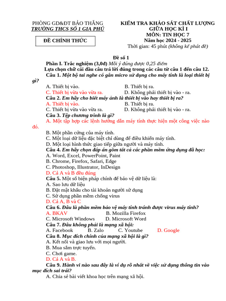 ĐỀ KIỂM TRA GK I TIN 7 | PDF