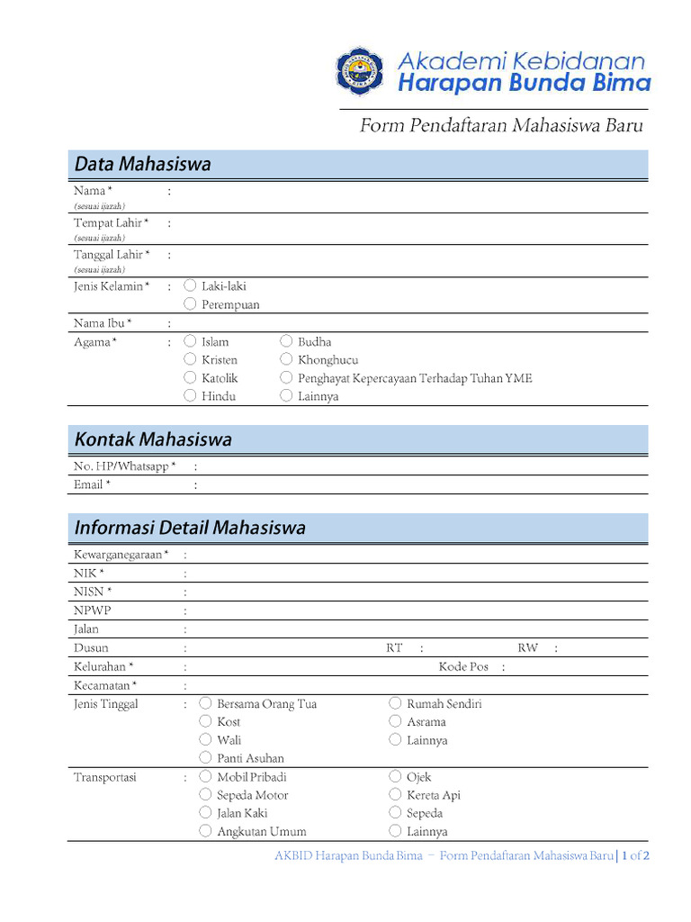Form Pendaftaran Mahasiswa Baru | PDF