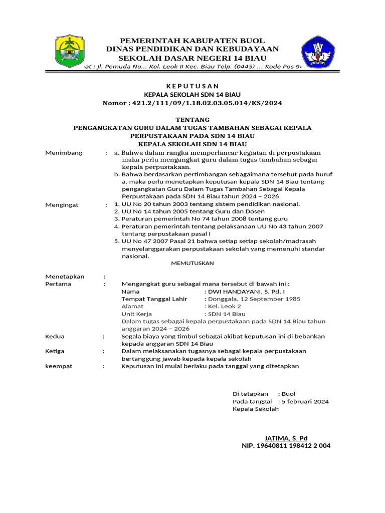 SK Pengangkatan Kepala Perpustakaan | PDF