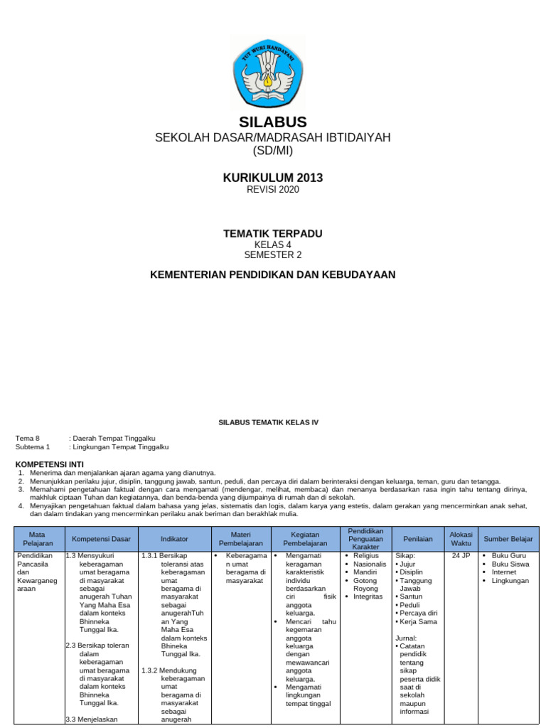 Silabus Kelas 4A Tema 8 | PDF