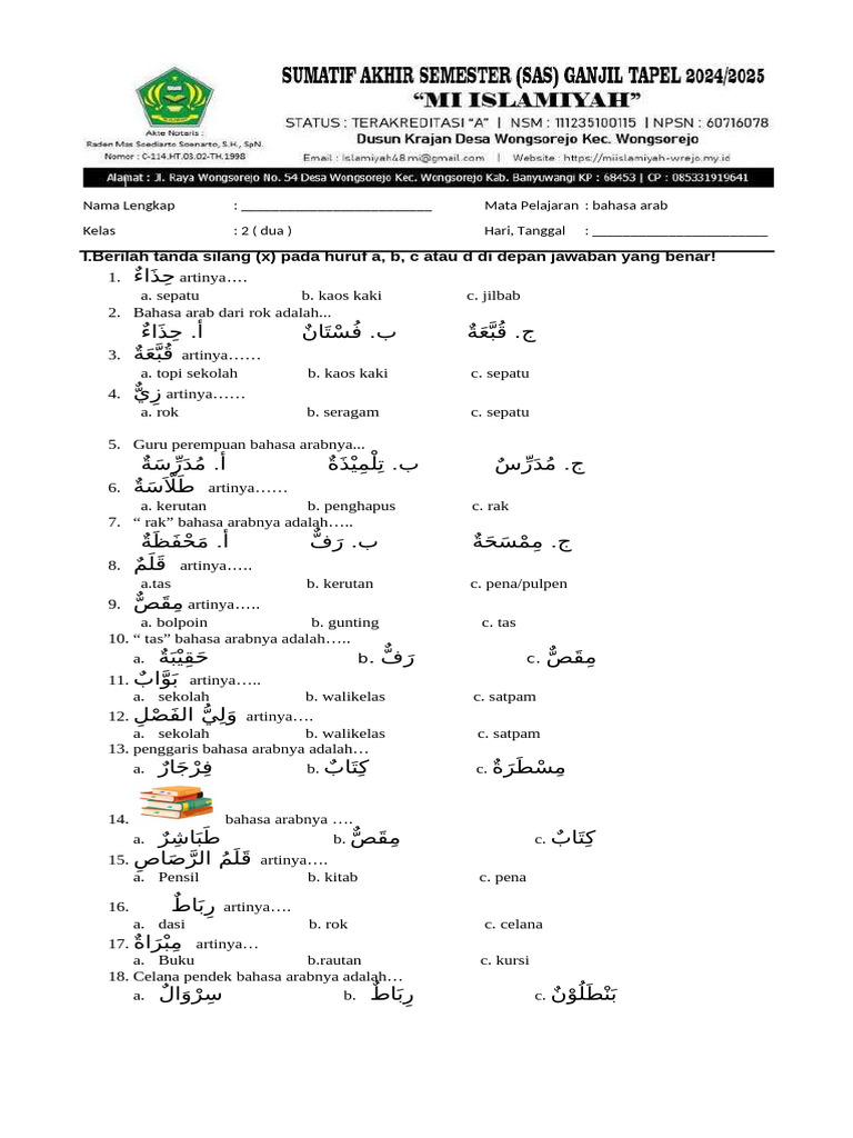 Bhs Arab Kls 2 STS 2024-2025 SISE | PDF