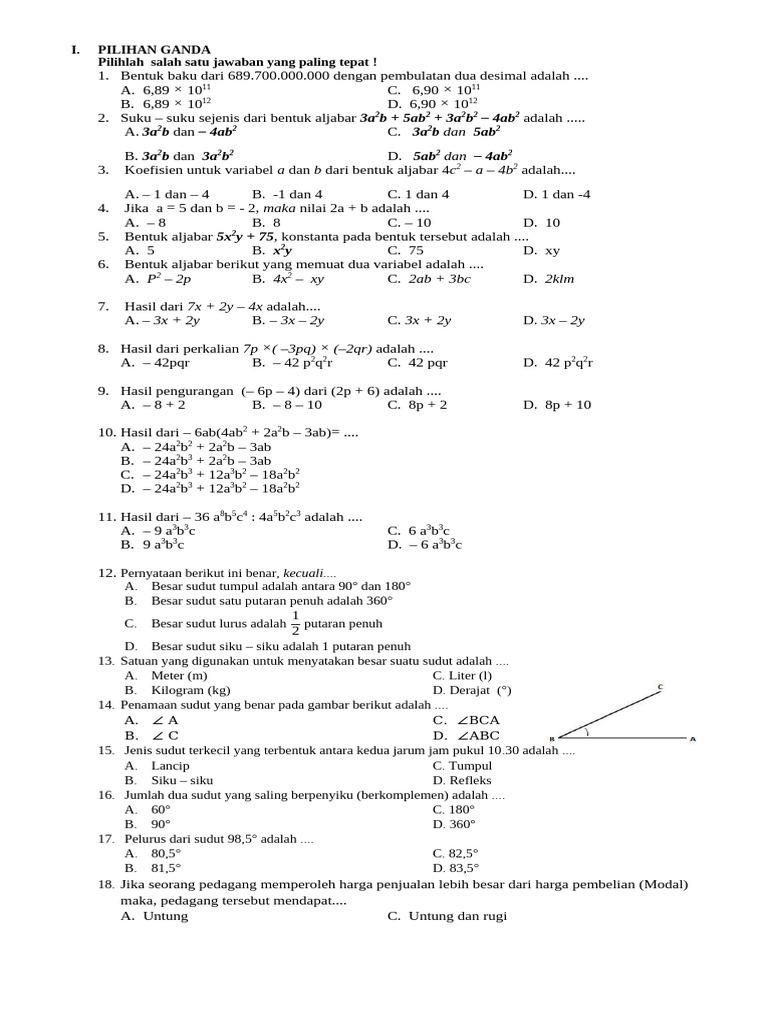 SOAL LATIHAN MTK KLS 7 | PDF