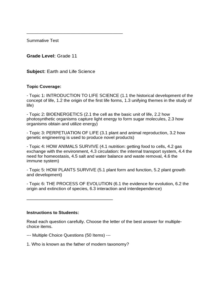 Summative - Test - Earth and Life Science | PDF | Cell (Biology ...