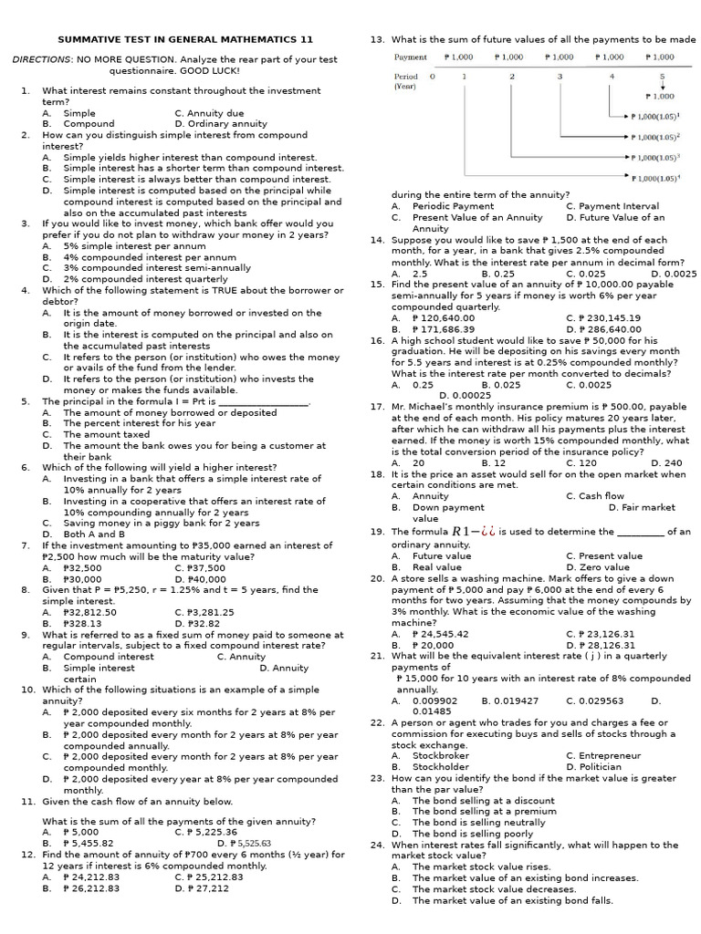 SUMMATIVE - Genmath11 TQ (Draft) - 2ndQ | PDF | Interest | Bonds (Finance)