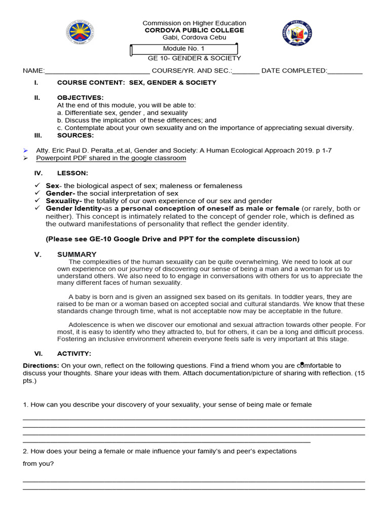 Edited - GE 10-Lesson 1-First Activity | PDF | Gender | Gender Studies