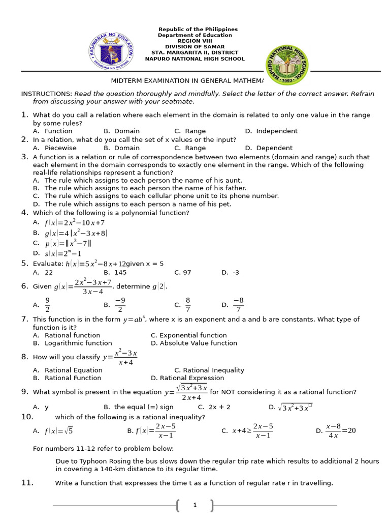 GENMATH11 - Midterm TQ (Draft) | PDF | Rational Number | Function ...