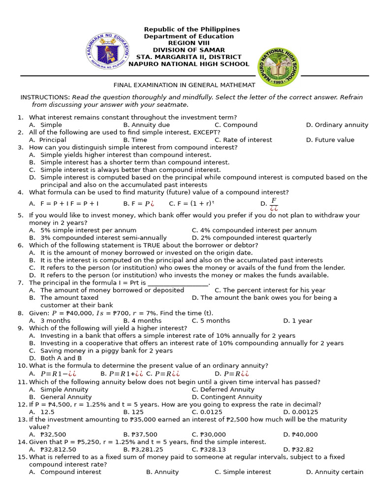 GENMATH11 - Final TQ (Draft) - 1stsem | PDF | Present Value | Interest