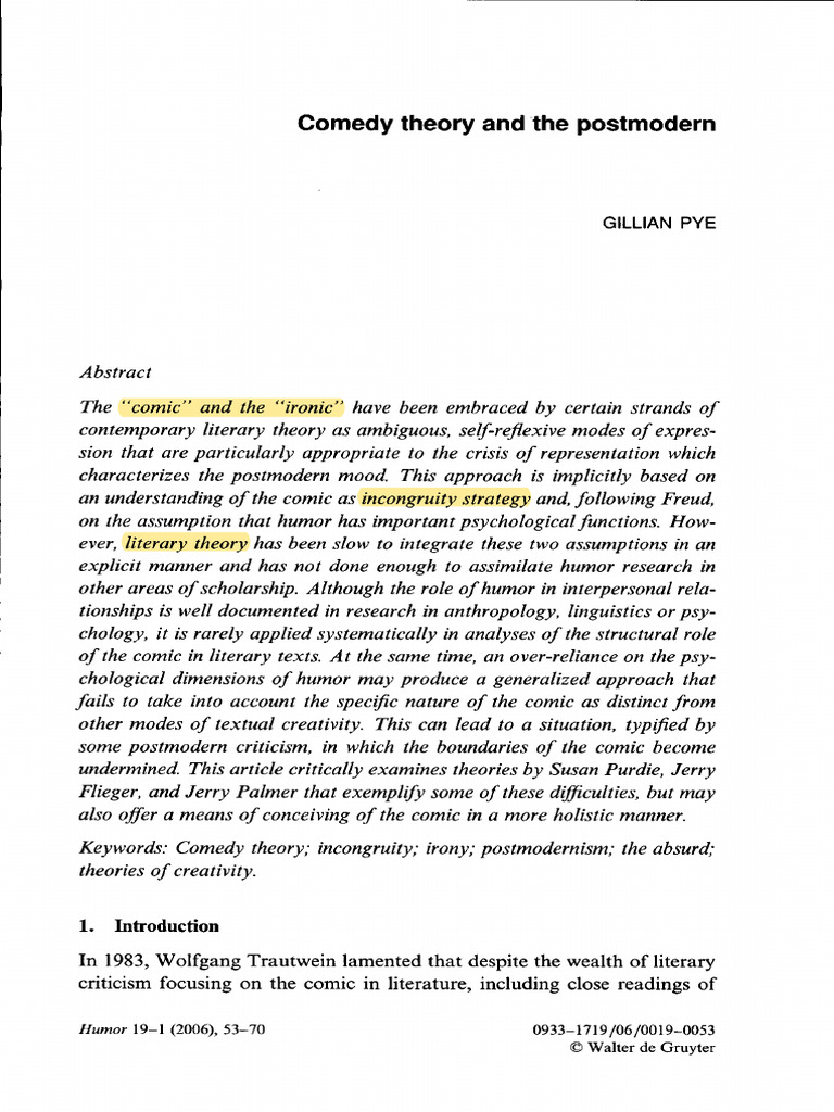 Comedy theory and the postmodern - Gillian Pye notas | PDF | Jokes ...