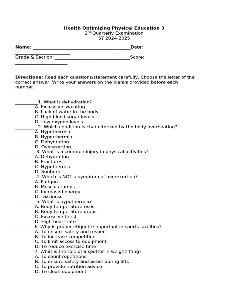 Summative - Test - Health Optimizing Physical Education 3 | PDF ...