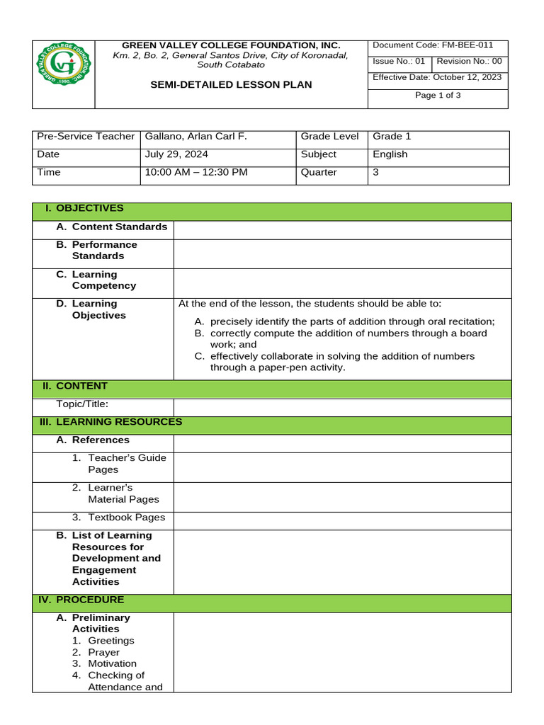 Beed Semi-Detailed Learning Plan Format Without Content | PDF | Lesson Plan | Cognitive Science