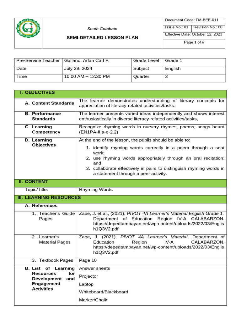 Beed Semi-Detailed Learning Plan Format | PDF | Learning | Lesson Plan