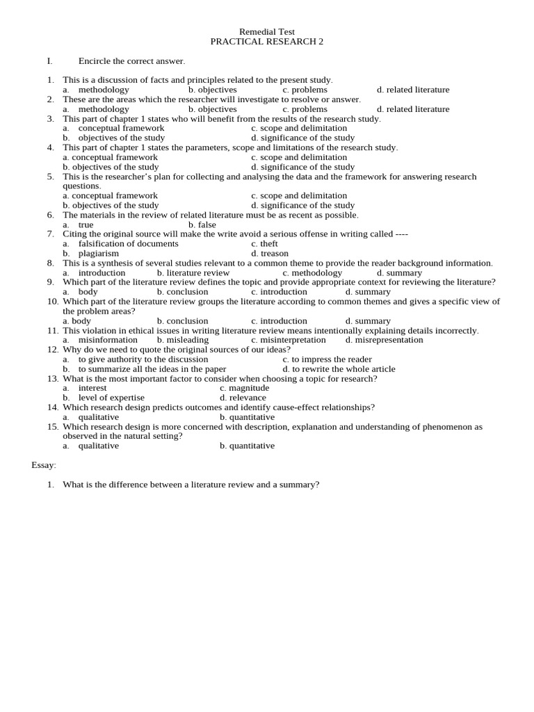 Remedial Test (Practical Research) | PDF | Methodology | Quantitative ...