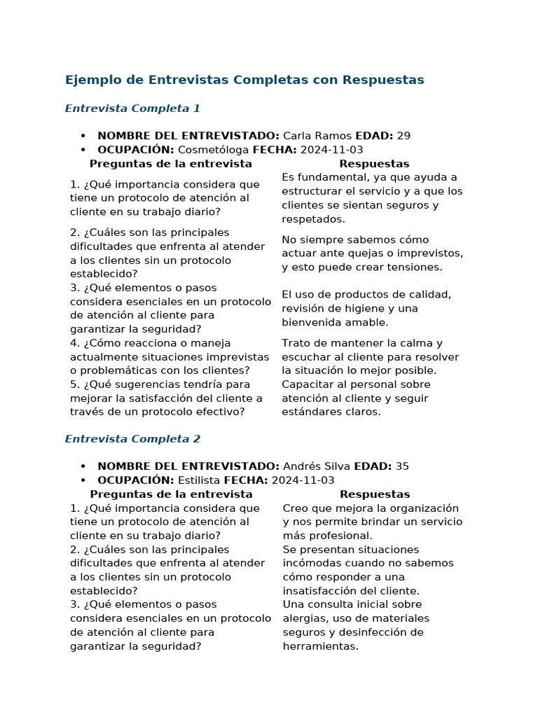 Ejemplo de Entrevistas Completas Con Respuestas | PDF | Servicio al Cliente