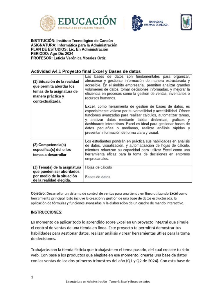A4.1 INF-Proyecto Hoja de Cálculo y Bases de Datos - v24 | PDF | Bases de datos | Microsoft Excel