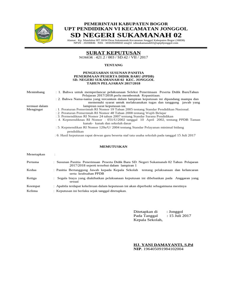 SK Surat Keputusan Panitia PPDBPSB SD 2017 2018 | PDF