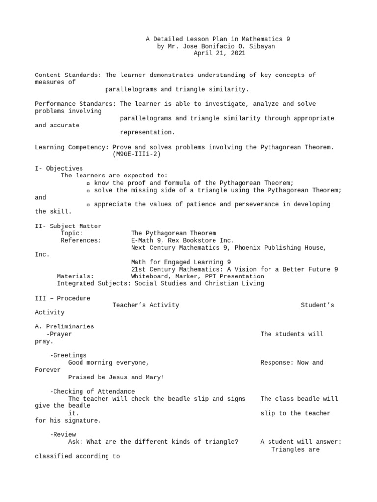 Detailed Lesson Plan In Mathematics 9 Pythagorean Theorem Pdf