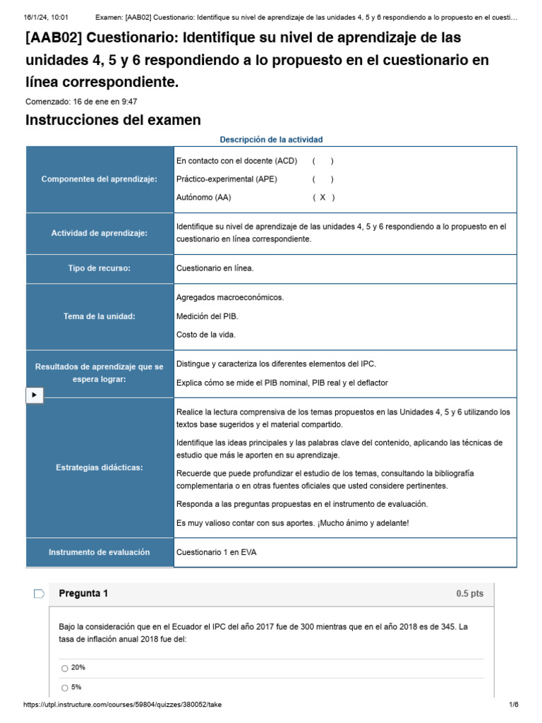 Examen - (AAB02) Cuestionario - Identifique Su Nivel de Aprendizaje de ...