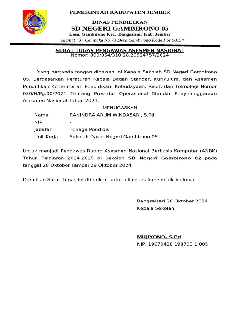 Surat Tugas Pengawas Anbk 2024 2025 | PDF