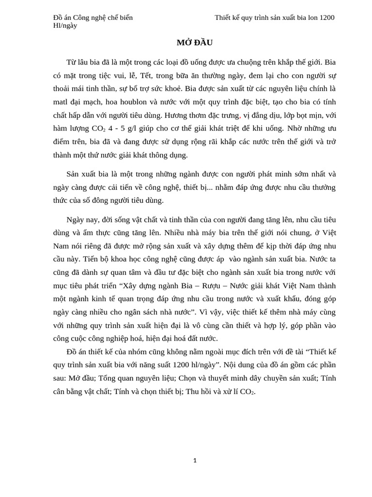 Đồ Án CNCB Quy Trình Sản Xuất Bia 1200 HL-ngày | PDF