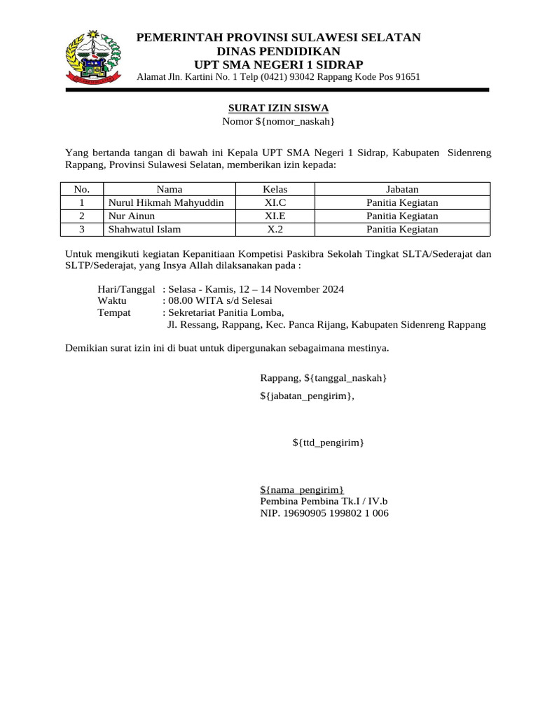 Surat Izin Siswa | PDF