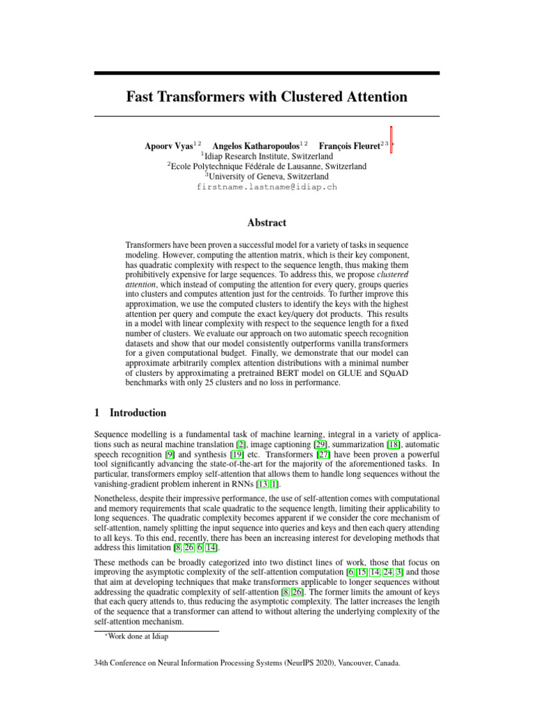 NeurIPS 2020 Fast Transformers With Clustered Attention Paper | PDF | Machine Learning | Learning
