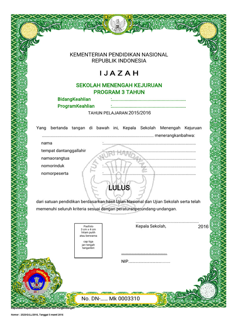 Blangko Ijasah SMK 3 Tahun 20166) | PDF