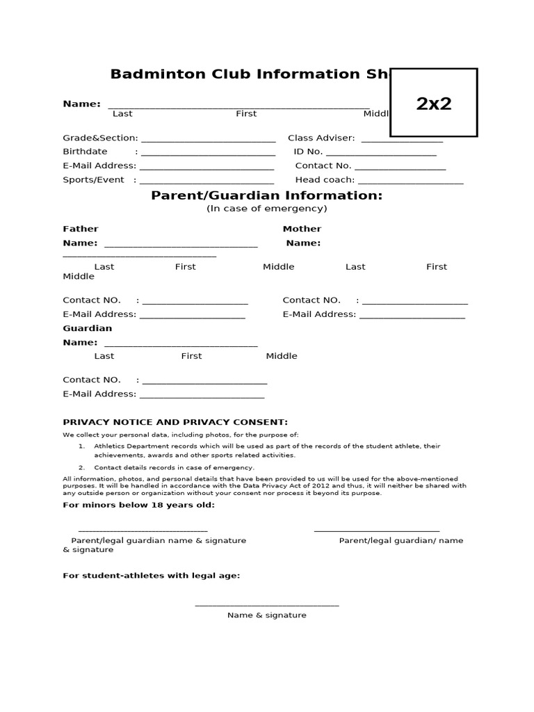 Badminton Club Registration Form | PDF | Living Arrangements | Privacy