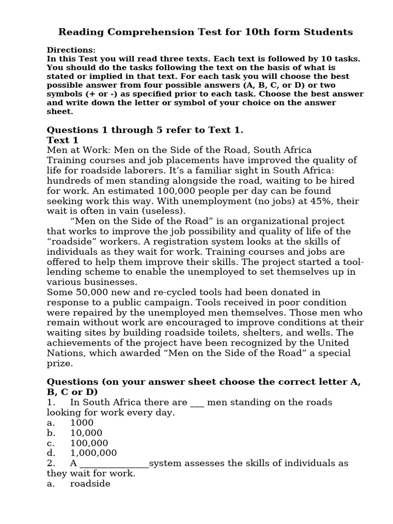 Reading Comprehension Test For 10th Form Students | PDF | Custard | Foods