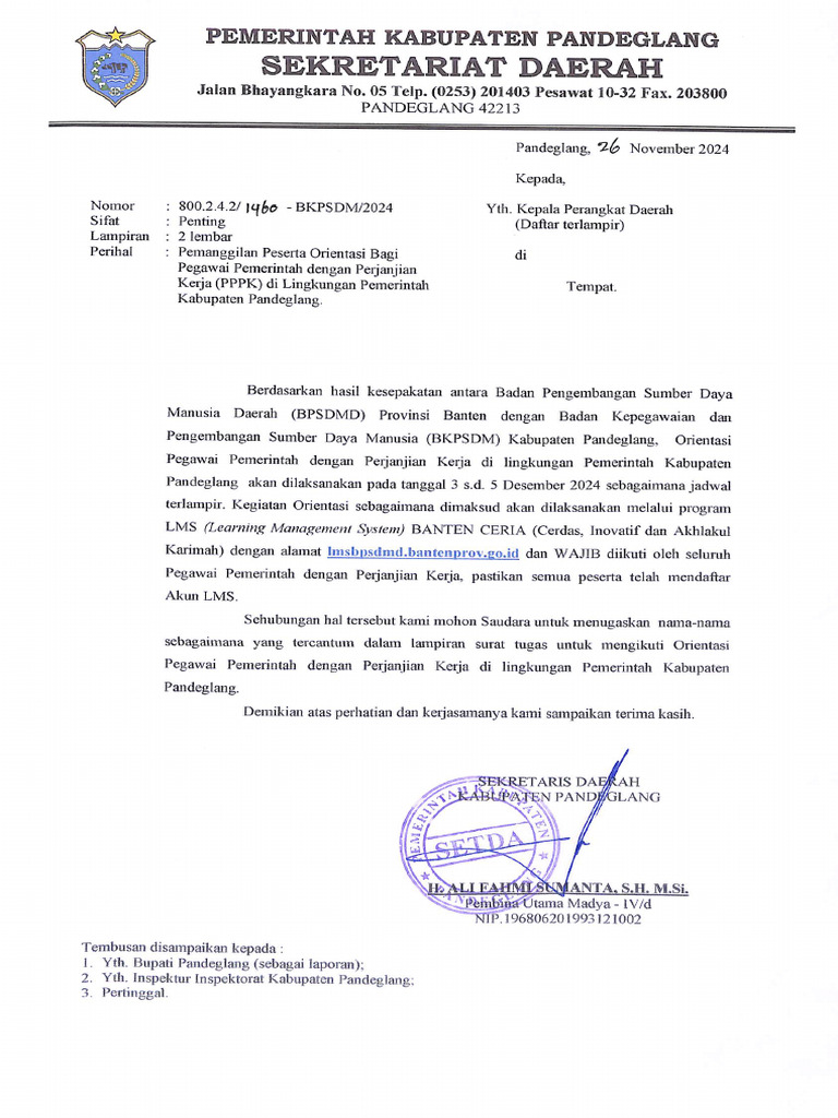 Surat Pemanggilan Peserta Orientasi PPPK Tahun 2024 Oke | PDF