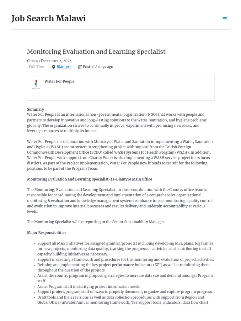 Monitoring Evaluation and Learning Specialist - Job Search Malawi | PDF ...