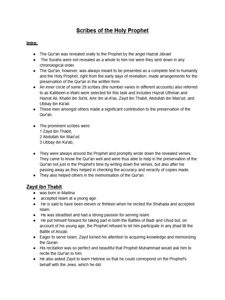 Scribes of the Holy Prophet.docx | PDF | Quran | Islam