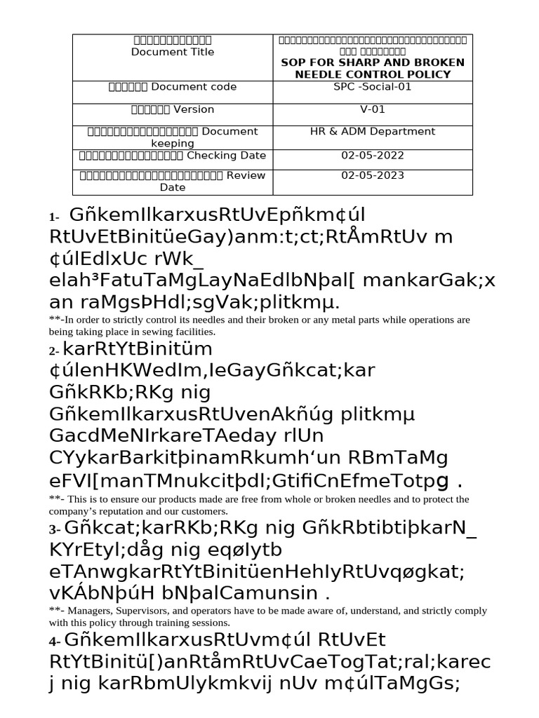 Sop For Sharp and Broken Needle Control Policy | PDF | Machines | Clothing