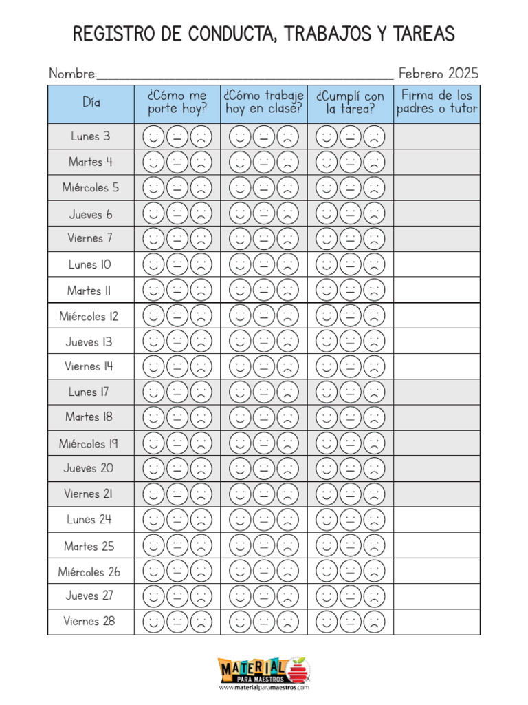 Registro de conducta, trabajos y tareas - Febrero 25 | PDF