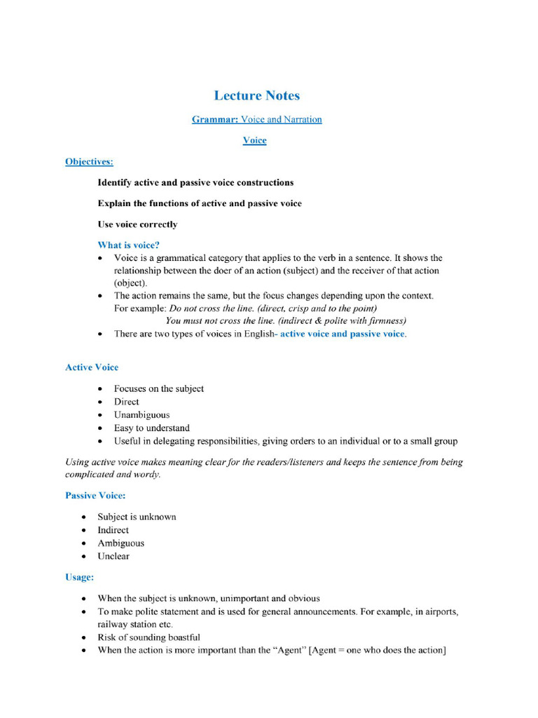 1 - Class Note HU101 (Module - 1 Grammar - Voice and Narration) | PDF