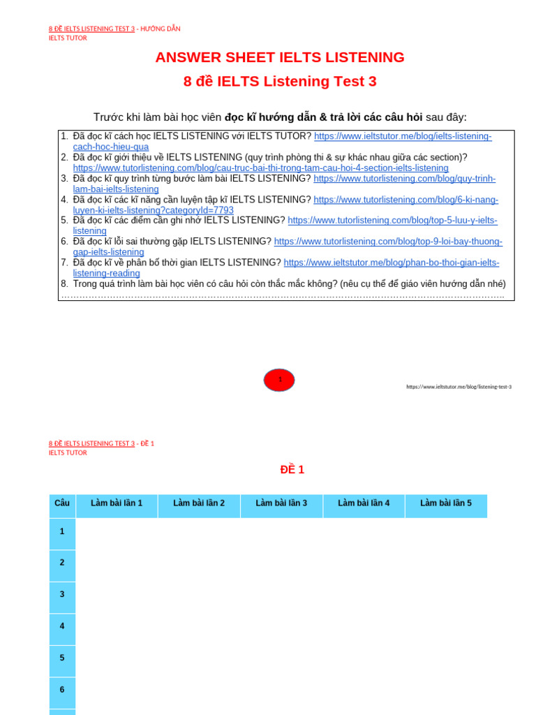 Answer Sheet Ielts Listening - 8 Đề Ielts Listening Test 3 | PDF