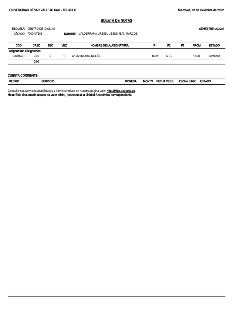 Boleta de Notas de Idiomas Postgrado | PDF