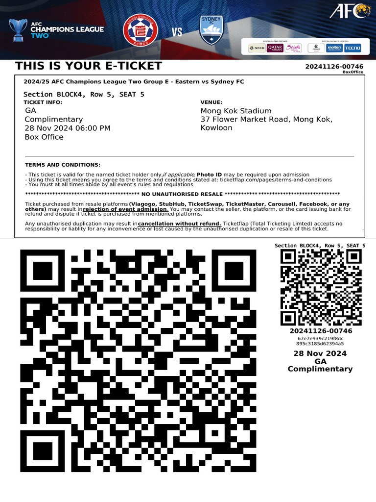 Section Block4 Row 5 Seat 5-2024 25 Afc Champions League Two Group E ...