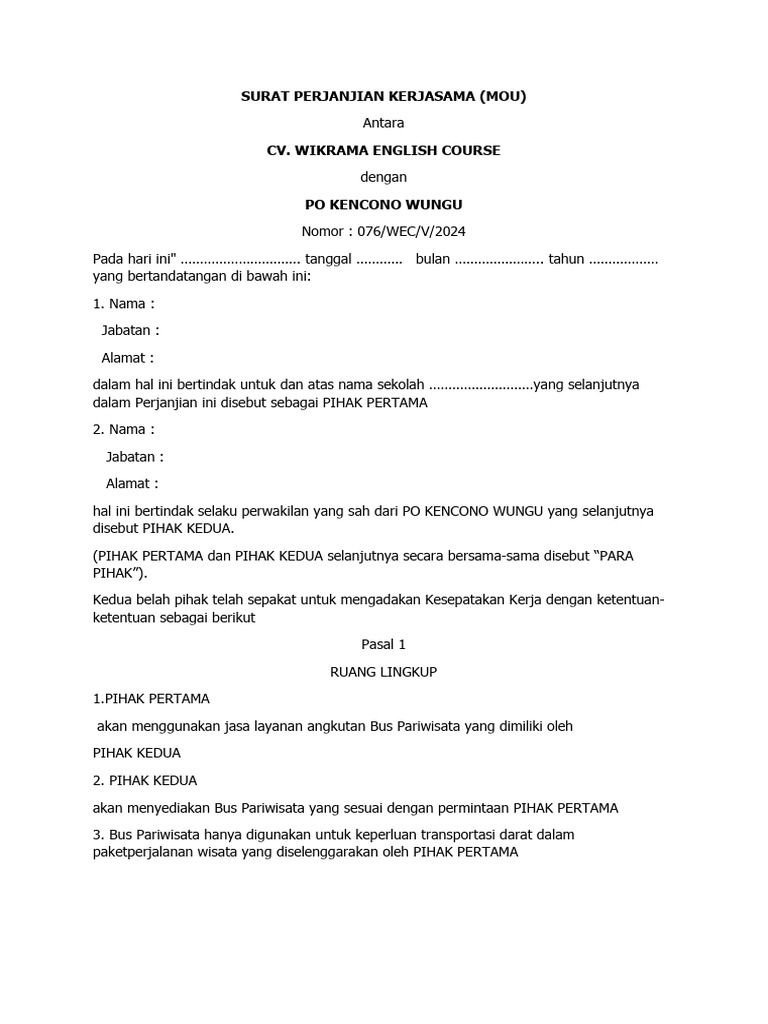 Surat Perjanjian Kerjasama Mou Po Bus | PDF
