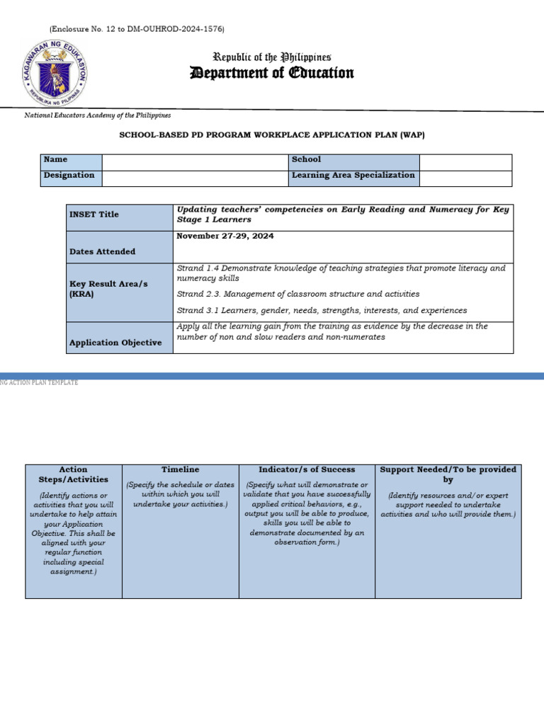 School-Based PD Action Plan for Literacy | PDF | Literacy | Learning