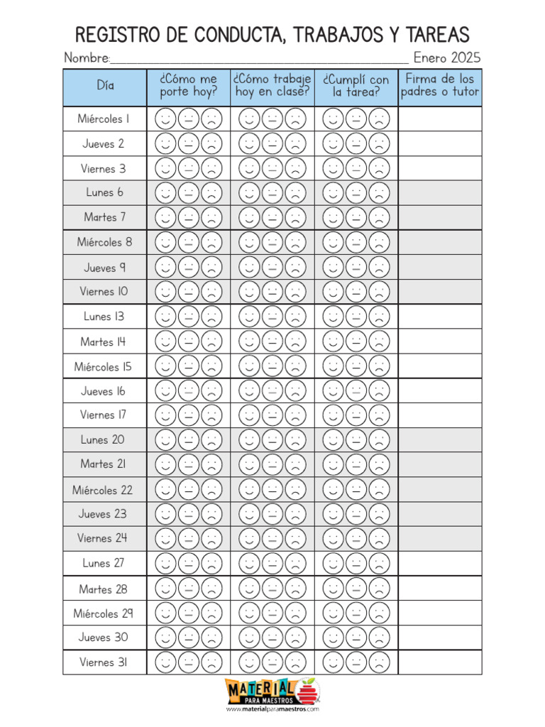 Registro de Conducta, Trabajos y Tareas - Enero 25 | PDF
