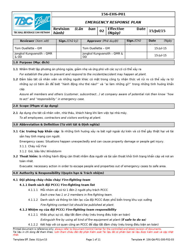 156-EHS-P01-02 Emergency Response Plan | PDF